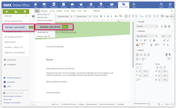 Textdokumente als Brief senden - GMX Hilfe