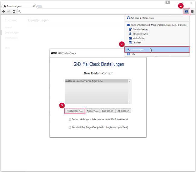 MailCheck für Google Chrome mit mehreren E-Mail-Adressen nutzen - GMX Hilfe